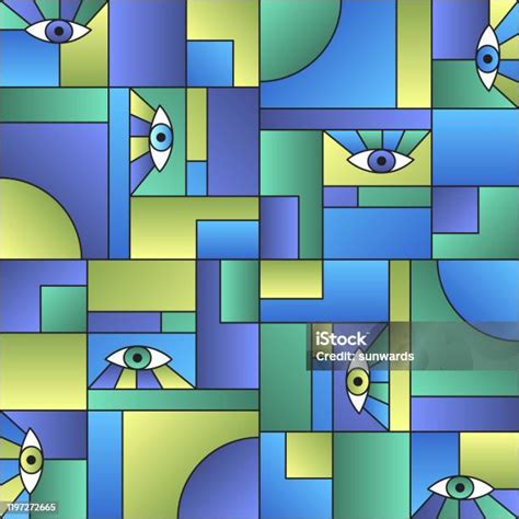 기하 학적 인 모양의 눈이있는 다채로운 패턴 그리드 몬드리안 아방가르드 패션 섬유 프린트 구도에 대한 스톡 벡터 아트 및 기타 이미지 구도 눈 신체 부분 모던 양식