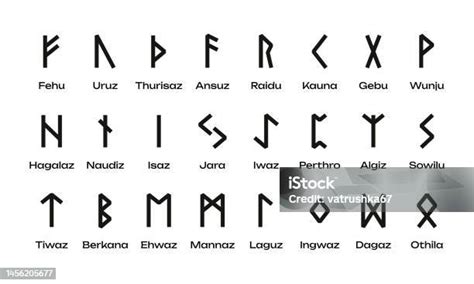북유럽 룬 스칸디나비아 룬 문자 Futhark 알파벳 고대 켈트 바이킹 쓰기 편지 오래된 신비로운 밀교 기호 Wicca 신화 벡터 세트 룬에 대한 스톡 벡터 아트 및 기타