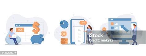 다양한 금융 아이콘 문자 긴 청구서 또는 송장 온라인 계산 세금 납부 재무 데이터 분석 소득 관리 개념 플랫 만화 벡터 일러스트 레이 션 세금에 대한 스톡 벡터 아트 및