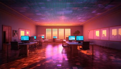 Premium Photo A Computer Lab With A Pink Light On The Wall And A Room With Computers On It