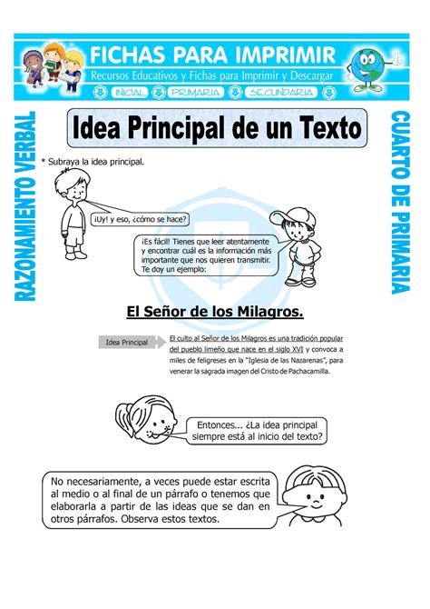 Ficha Idea Principal De Un Texto Para Cuarto De Primaria Subraya La