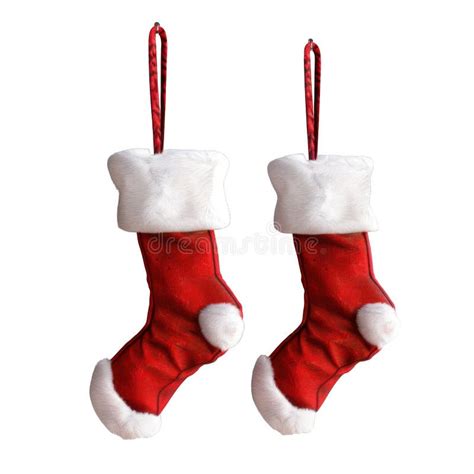 Two Red Christmas Stockings Hanging Against A White Background Stock Photo Illustration Of