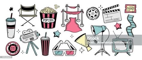 영화제와 휴일을위한 요소 낙서 라인의 영화관 세트 흰색 배경에 고립 된 낙서 스타일의 벡터 일러스트 레이 션 개체 그룹에 대한 스톡 벡터 아트 및 기타 이미지 Istock