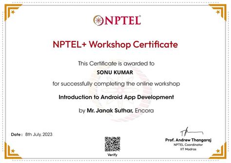 Sonu Kumar On Linkedin Nptel Certificate Workshop Androidappdevelopment Learning