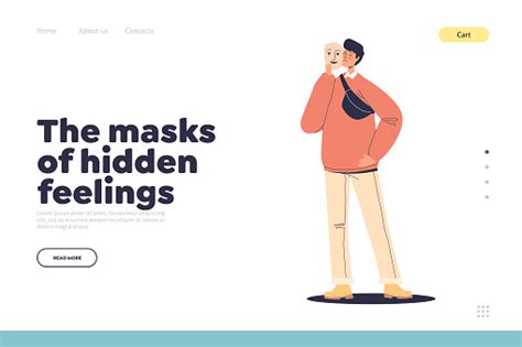 슬픈 남성 캐릭터와 랜딩 페이지의 숨겨진 감정 개념의 마스크는 마스크 아래 실제 감정을 숨 깁니다 감정에 대한 스톡 벡터 아트 및 기타 이미지 Istock