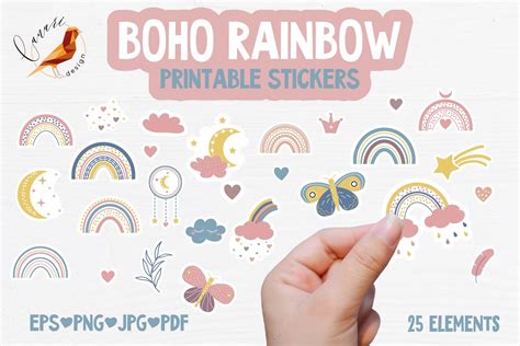 Boho Rainbow Printable Stickers Bundle Gráfico Por Sombrecanari