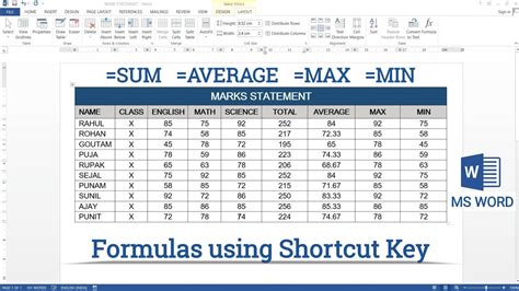 Addition Formula In Word Table