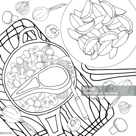 버섯과 감자를 곁들인 색칠 공부 책 안티 트레스 푸드 고기로 0명에 대한 스톡 벡터 아트 및 기타 이미지 0명 고기 귀여운 Istock