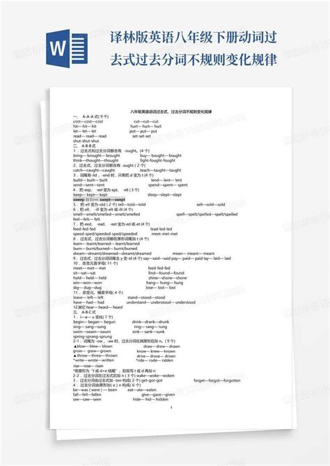 译林版英语八年级下册动词过去式过去分词不规则变化规律word模板下载 编号qpogpzdd 熊猫办公