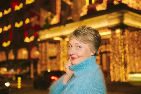 Portrait Of Beautiful Mature Year Old Woman Enjoying Nice Evening City Walk During