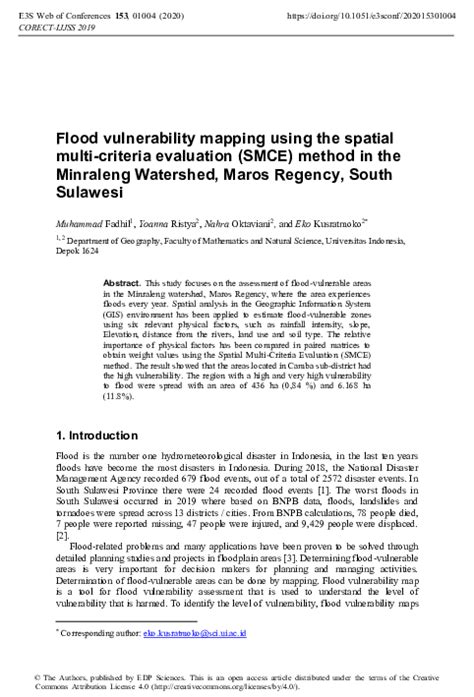 Pdf Flood Vulnerability Mapping Using The Spatial Multi Criteria Evaluation Smce Method In