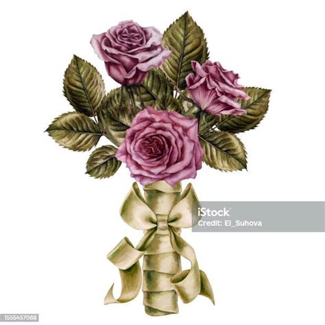 분홍색 장미와 녹색 잎의 수채화 꽃다발은 리본과 활이 달린 패키지에 담겨 있습니다 발렌타인 데이 결혼식 여성의 날 어머니의 날 생일 스티커 디자인 흰색 배경에 분리된 요소