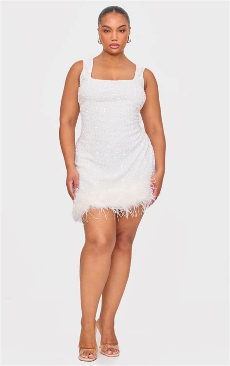 Plus White Sequin Feather Hem Shift Dress Plus Size Plt Ire