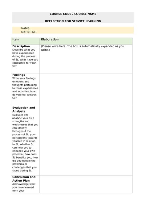 Template For Written Reflection COURSE CODE COURSE NAME REFLECTION FOR SERVICE LEARNING NAME