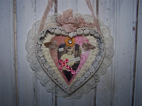 Shabby Chic Assemblage Art Heart Shape Handmade Pink Etsy