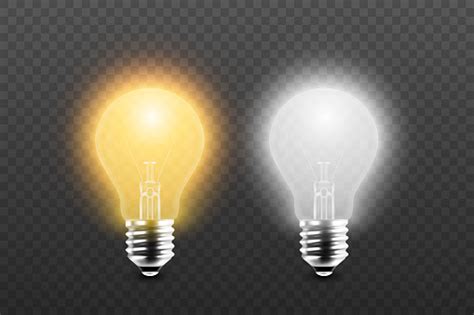 벡터 3d 사실적인 노란색과 흰색 빛나는 투명 한 배경에 격리 된 전구 아이콘 설정 해제 디자인 템플릿입니다 영감 아이디어 개념 전면 보기 전구에 대한 스톡 벡터 아트 및