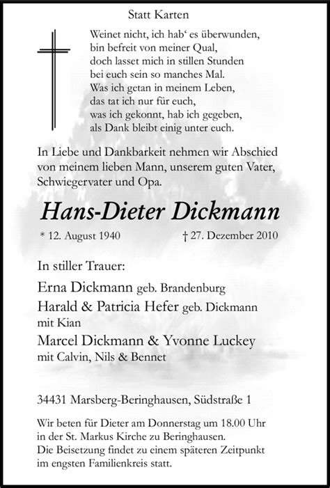 Traueranzeigen Von Hans Dieter Dickmann Trauer In Nrwde