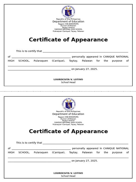 Certificate Of Appearance Canique High School Pdf