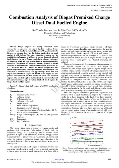 Pdf Ijert Combustion Analysis Of Biogas Premixed Charge Diesel Dual Fuelled Engine