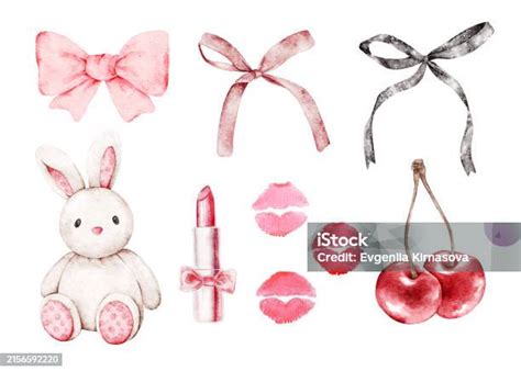 요괴 스타일의 수채화 요소 집합입니다 체리 장난감 토끼 입술 립스틱 활 클립아트 콜라주 스크랩북 개체 그룹에 대한 스톡 벡터 아트 및 기타 이미지 Istock