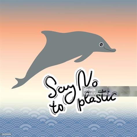 아니 플라스틱을 말한다 돌핀입니다 검정 텍스트 서 예 레터링 손으로 낙서 초록 바다 바다 원 패턴으로 배경을 조정합니다 오염