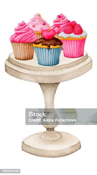 스탠드에 초콜릿 케이크입니다 인사말 카드 초대장 메뉴 로고 패브릭 인쇄에 대한 수채화 휴일 클립 아트 결혼식 생일 기념일 디자인 결혼식에 대한 스톡 벡터 아트 및 기타