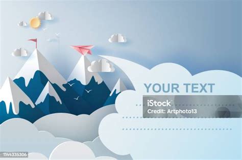 푸른 하늘에 산 위에 비행 비행기의 3d 삽화 예술 크리에이 티브 디자인 종이 잘라 비즈니스 팀웍 또는 대상 된 산 개념 아이디어의 공예 스타일 텍스트 공간을 장면 벡터