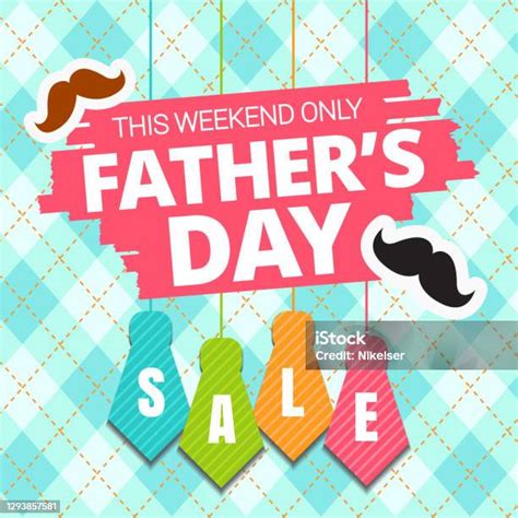 아버지의 날 판매 제안 컬러 넥타이와 콧수염 남자 홍보 배너 광고 전단지 초대 포스터 브로셔 할인에 대한 파란색 원활한 배경 템플릿에 고립 벡터 0명에 대한 스톡 벡터 아트