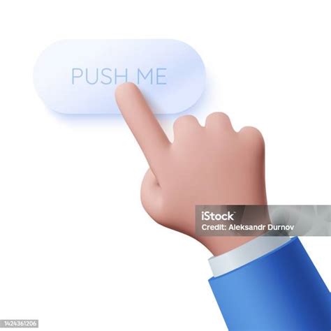 버튼을 누르는 손의 3d 그림입니다 손가락으로 흰색 배경에 고립된 버튼을 누릅니다 웹 광고를위한 디자인 요소 벡터 Eps 10 3차원 형태에 대한 스톡 벡터 아트 및 기타