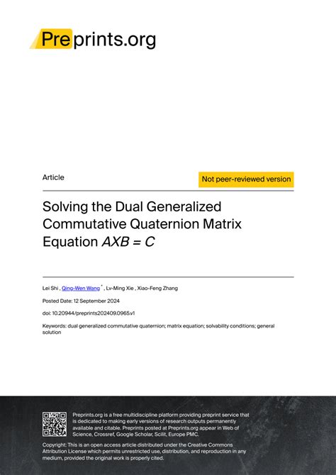 Pdf Solving The Dual Generalized Commutative Quaternion Matrix Equation Axb C