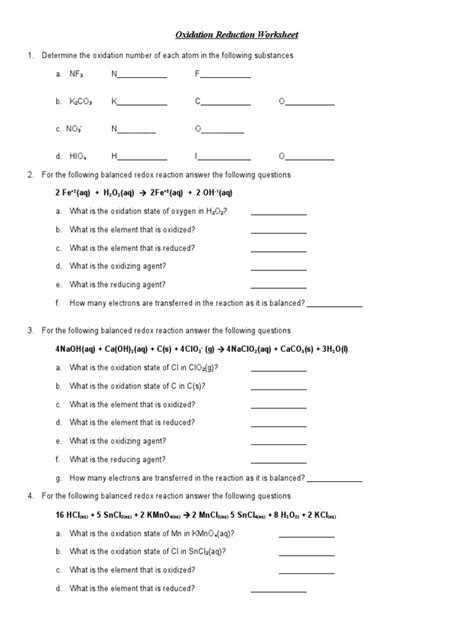 Free Oxidation Reduction Reactions Worksheet Download Free Oxidation