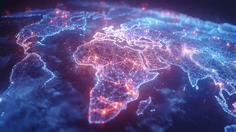 Glowing Digital World Map Global Network Connections Stock Illustration Illustration Of Nodes