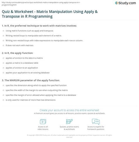 Quiz Worksheet Matrix Manipulation Using Apply Transpose In R Programming Study