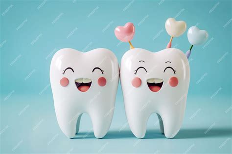 Cute Happy Smiling Teeth With Heart Balloons On Blue Background Dental
