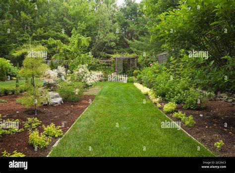 Grass Path Leading To Pergola In Landscaped Residential Backyard Garden