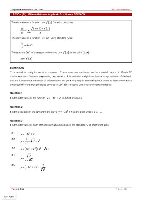 Differentiation Rules Lesson 01 Differentiation Of