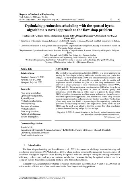 Pdf Optimizing Production Scheduling With The Spotted Hyena Algorithm A Novel Approach To The