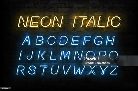 벡터 현실적인 고립 된 네온 기울임 꼴 글꼴 템플릿 장식 및 벽 배경 레이아웃을 커버 네온에 대한 스톡 벡터 아트 및 기타 이미지 네온 컴퓨터 글자 문자 Istock