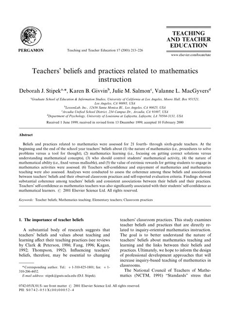 Pdf Teachers Beliefs And Practices Related To Mathematics Instruction