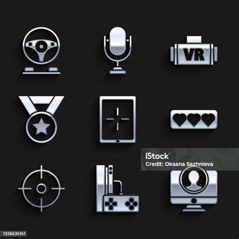 세트 태블릿 조이스틱 게임 콘솔 계정 화면 만들기 좋아요와 심장 대상 스포츠 메달 가상 현실 안경 과 레이싱 시뮬레이터 조종석 아이콘 벡터 1에 대한 스톡 벡터 아트 및