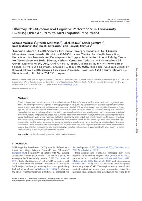 Pdf Olfactory Identification And Cognitive Performance In Community Dwelling Older Adults With