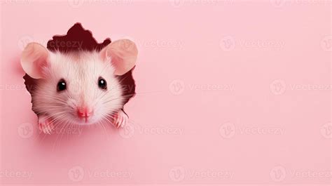 Cute Mouse Peeking Out Of Hole In Pink Wall For Whimsical Illustration