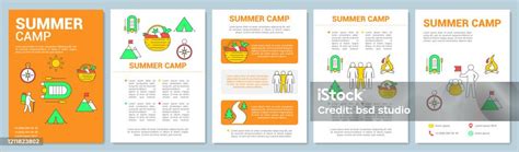 여름 야외 모험 캠프 브로셔 템플릿 레이아웃입니다 전단지 소책자 선형 그림이있는 전단지 인쇄 디자인 잡지 연례 보고서 광고