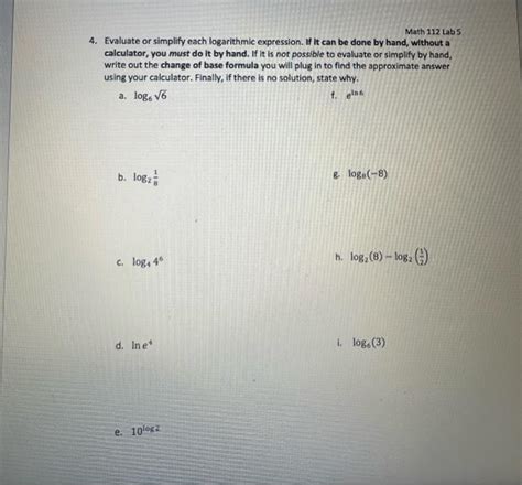 Solved Math 112 Lab 5 4 Evaluate Or Simplify Each