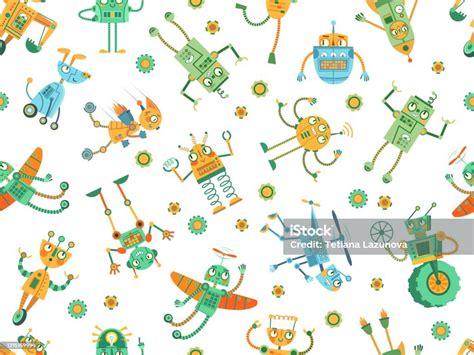 원활한 로봇 패턴 로봇 로켓 다채로운 로봇 개 및 어린이 벡터 일러스트를위한 프로그래밍 로봇 로봇에 대한 스톡 벡터 아트 및