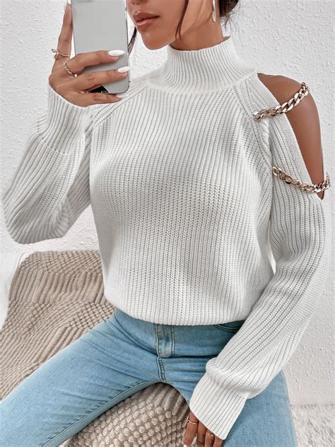 كنزة صوف وقوف الياقة اكمام راجلان سلسلة قص مجوف