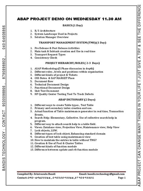 Abap Project Demo On Wednesday 1130 Am Basics 1 Day Pdf Data