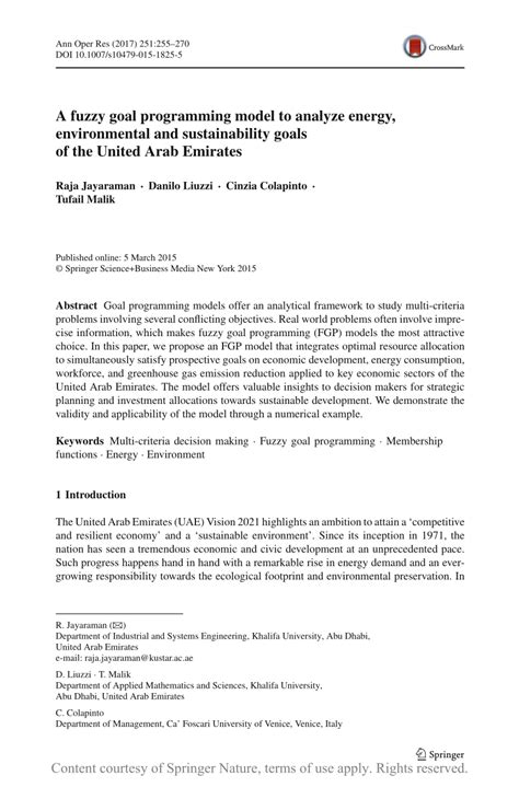 A Fuzzy Goal Programming Model To Analyze Energy Environmental And Sustainability Goals Of The