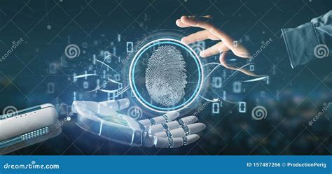 Cyborg Holding A Digital Fingerprint Identification And Binary Code D Rendering Stock