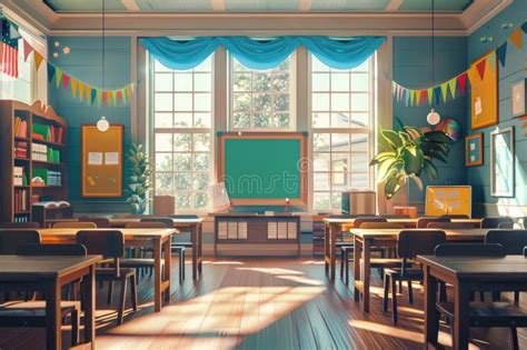 Sunlit Classroom With Wooden Desks And Green Chalkboard In Traditional